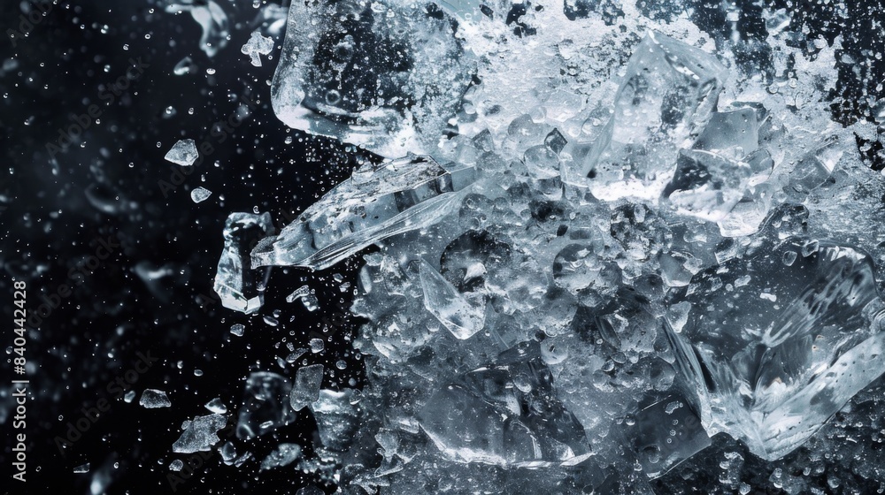 Ice, crushed on black background. Shards of crushed ice spreading away ...