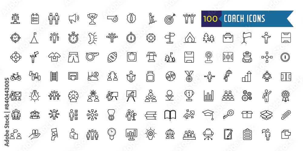 Coach icons set. Outline set of coach vector icons for ui design. Outline icon collection ...