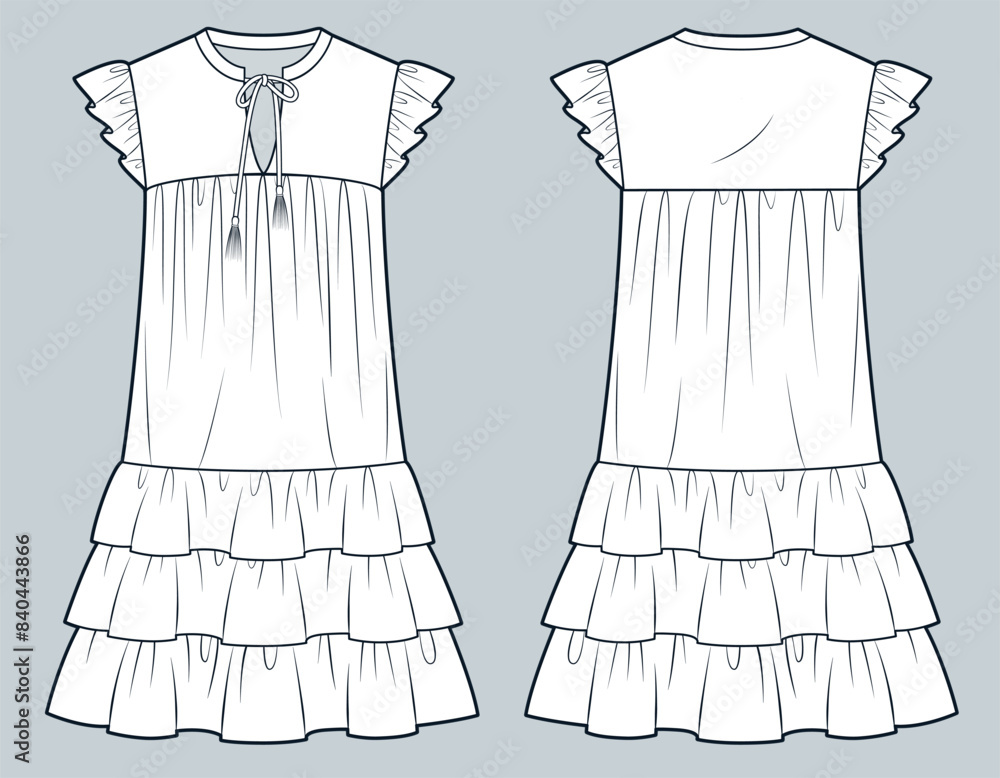 Ruffled Dress technical fashion illustration. Layered Dress fashion ...