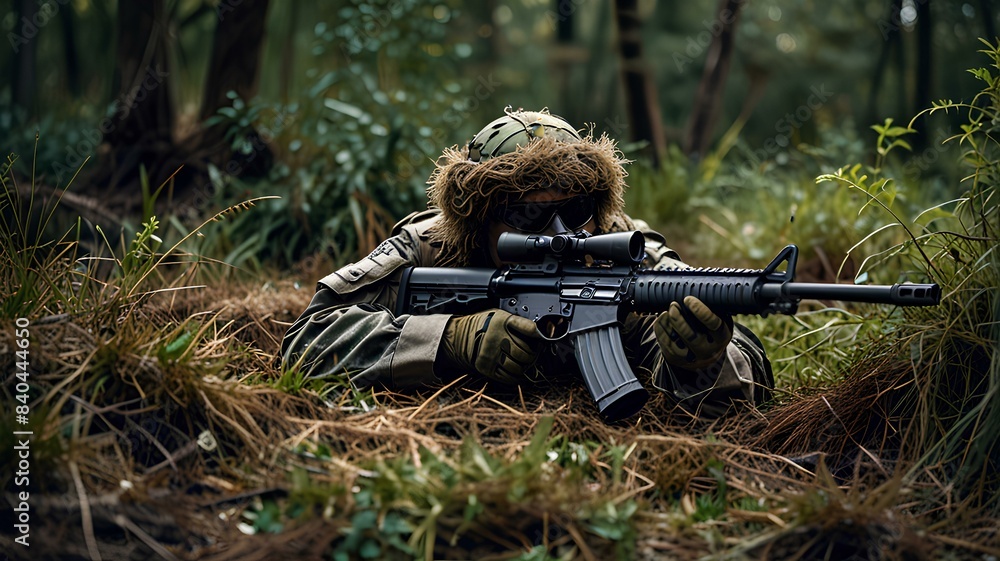 Special forces sniper soldier wearing ghillie suit laying on ground ...
