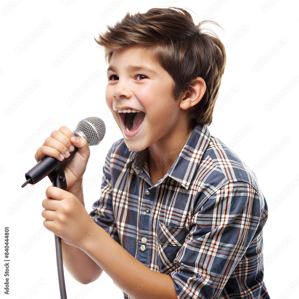 Happy boy singing into a microphone while smiling ภาพถ่ายสต็อก | Adobe ...