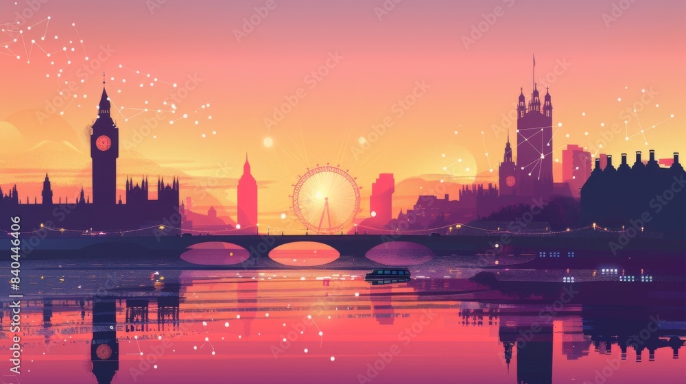 London and river Thames at sunset. Illustration with communication and ...