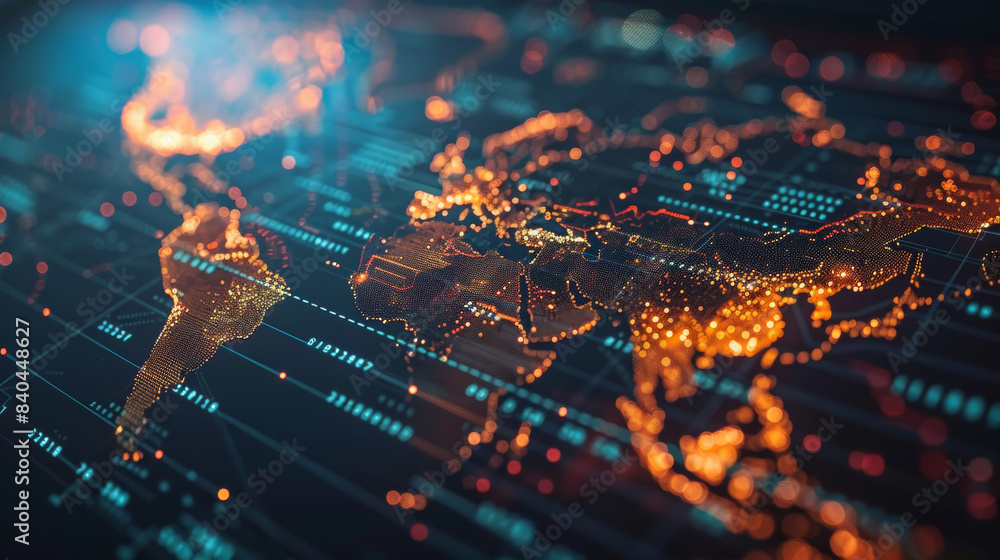 Digital world map with glowing orange and yellow lights representing ...