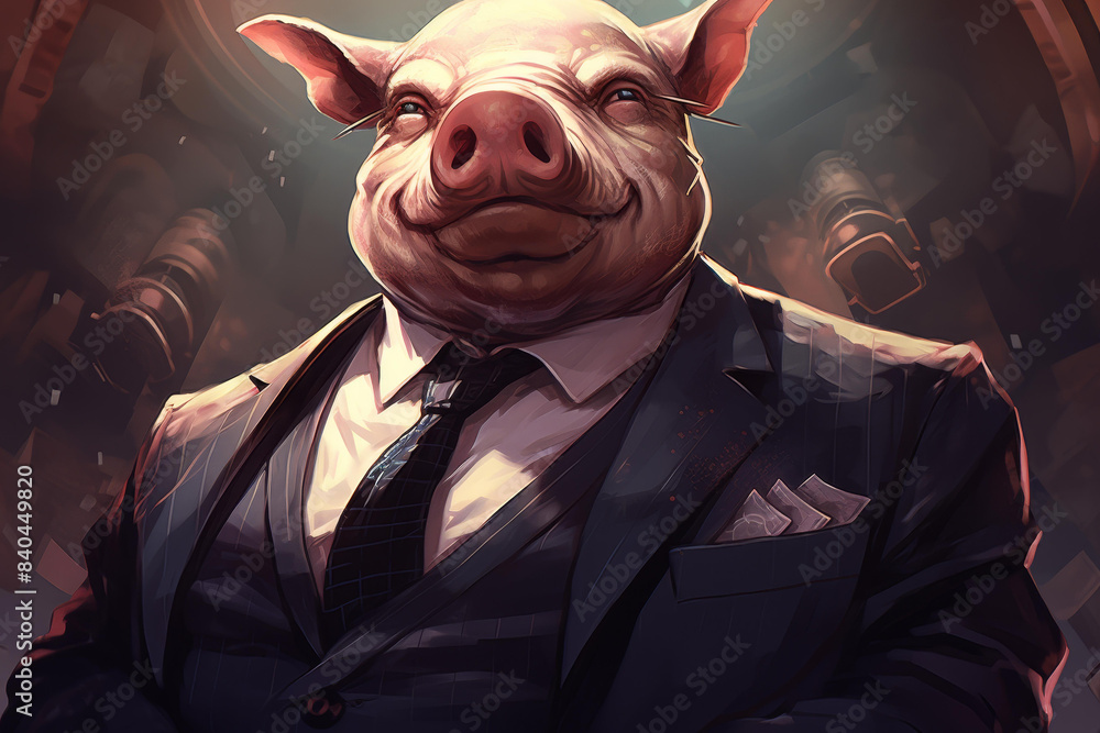 Greedy corporate manager depicted as a filthy rich pig with a beautiful ...