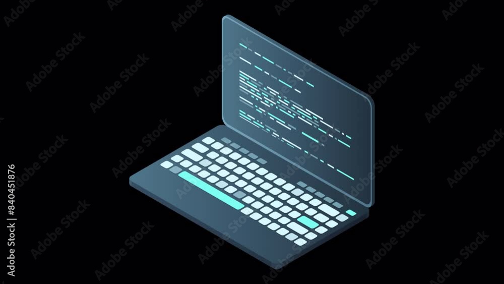 Isometric laptop animation. 3d isometric laptop computer. Abstract programming language and ...