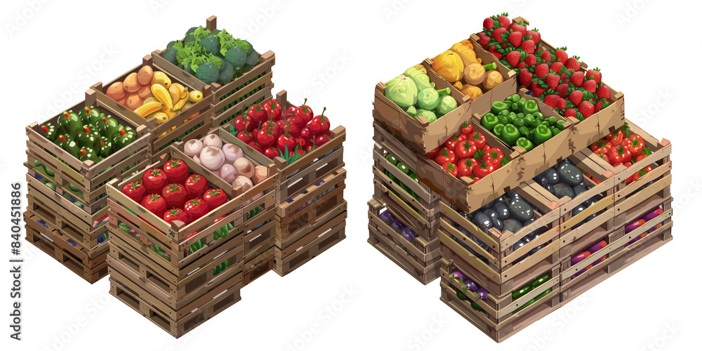 Isometric illustration of wooden crates filled with colorful fresh ...