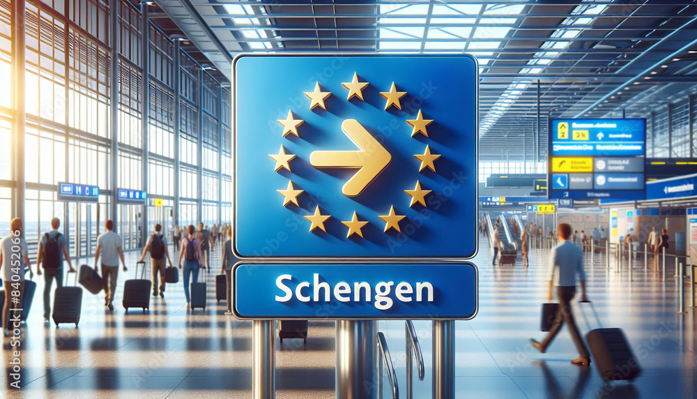 Schengen Area Sign in Modern Airport Terminal with Travelers Stock ...