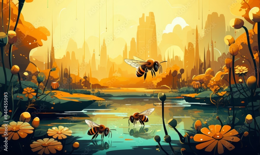 Bee colony dynamics flat design, side view, ecology theme, animation ...