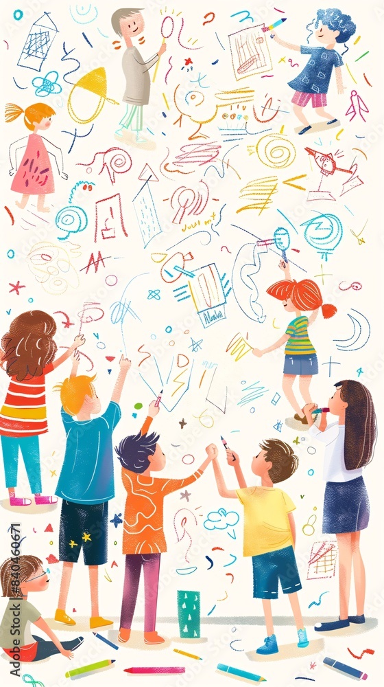 A delightful flat vector illustration of children drawing on a wall ...