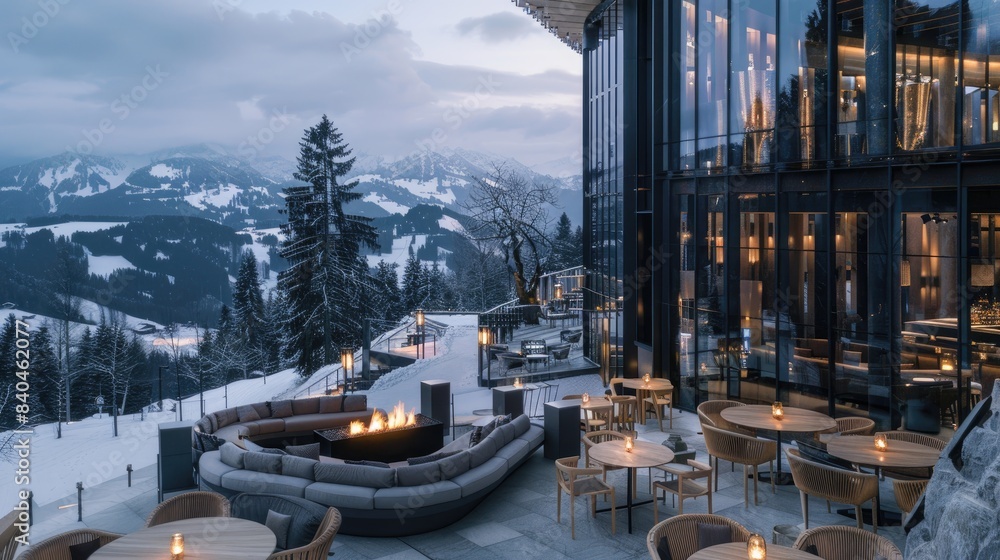 outdoor seating, terrace and bar with fireplace in front of the hotel ...