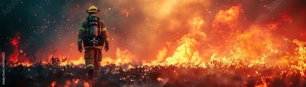 Brave firefighter battling a raging wildfire, surrounded by flames ...