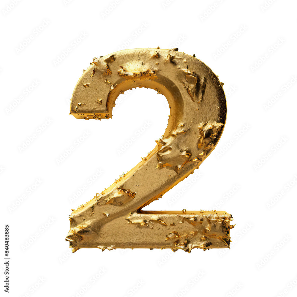 3D rendering of golden digit two.on cut-out white background ...