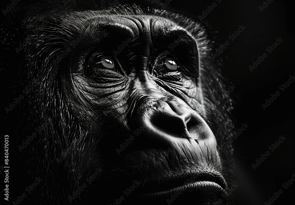 A close up portrait face of a powerful dominant male gorilla on black ...