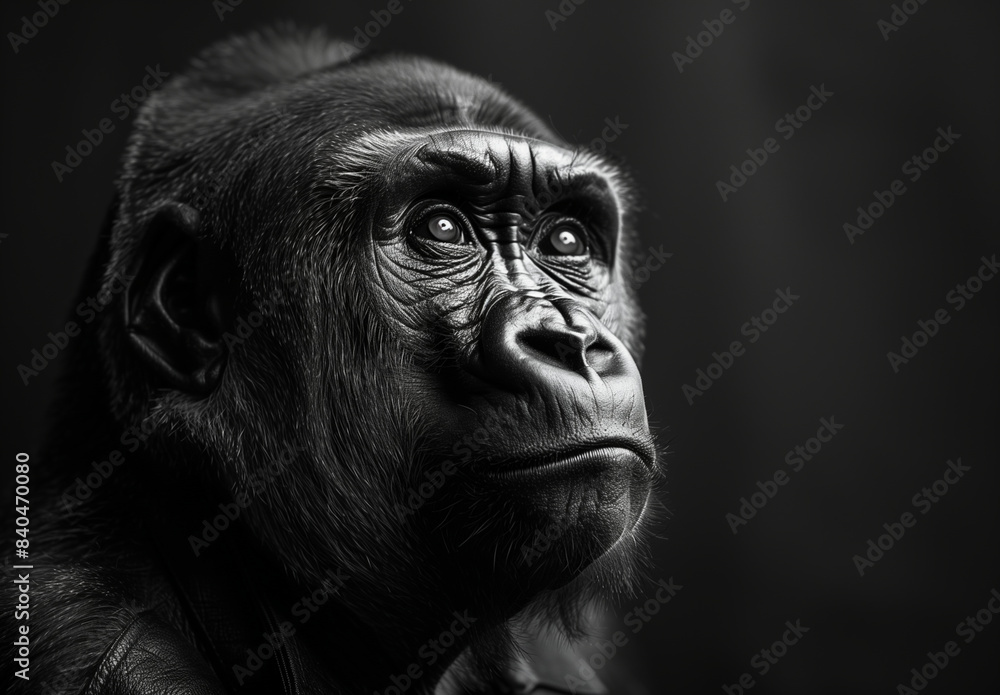 A close up portrait face of a powerful dominant male gorilla on black ...