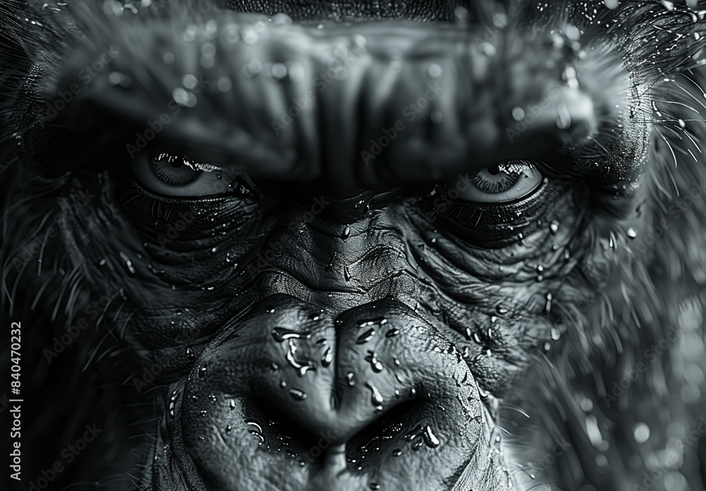 A close up portrait face of a powerful dominant male gorilla on black ...