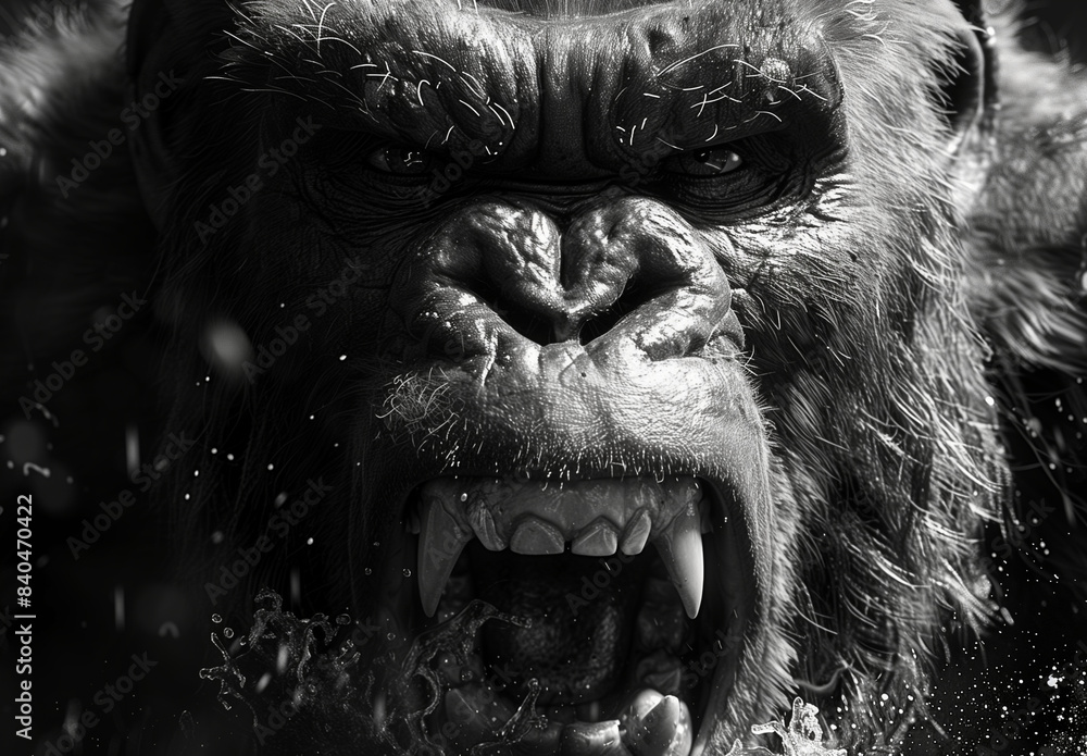 A close up portrait face of a powerful dominant male gorilla on black ...