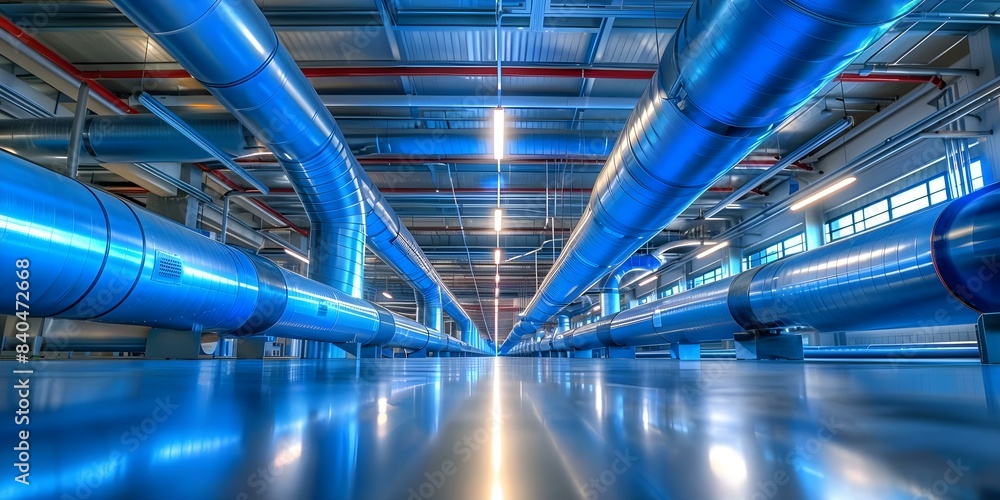 Network of industrial ventilation ducts and HVAC units in a commercial ...
