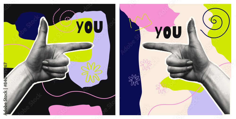 Set of two posters featuring a halftone hand pointing with vibrant ...