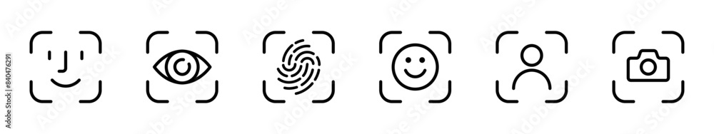 Recognition, scan identification icon set. Face security, id biometric ...
