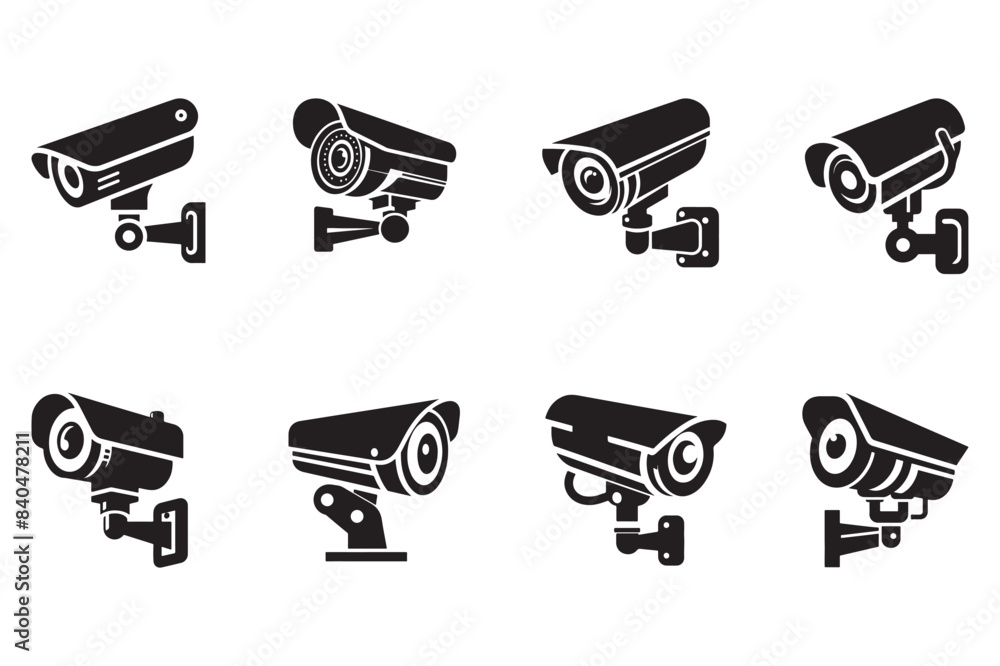 Set of Security Camera Silhouette Vector Illustrations for Surveillance ...