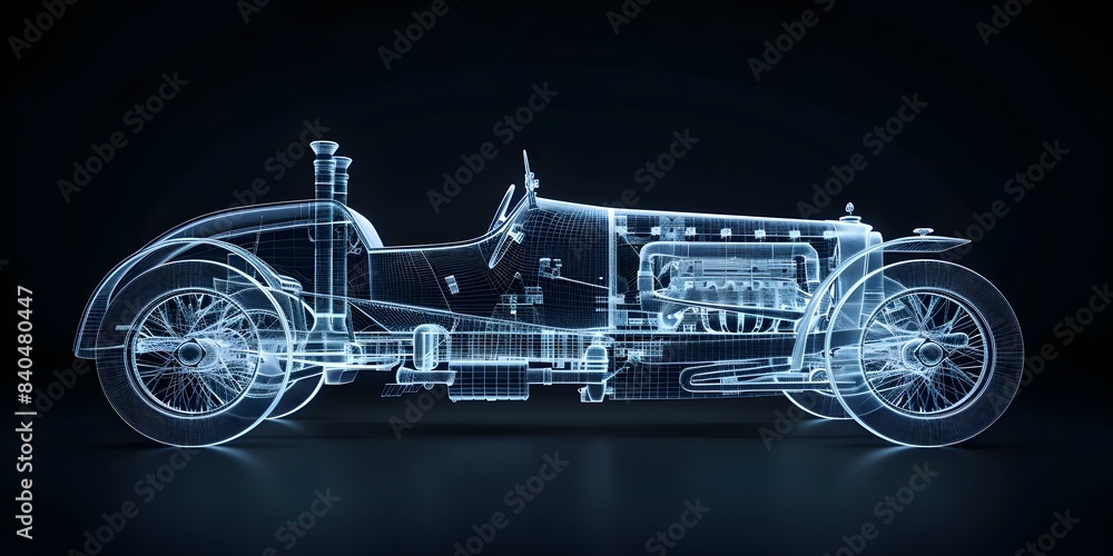 Modern piston engine car isolated on black background in wireframe ...