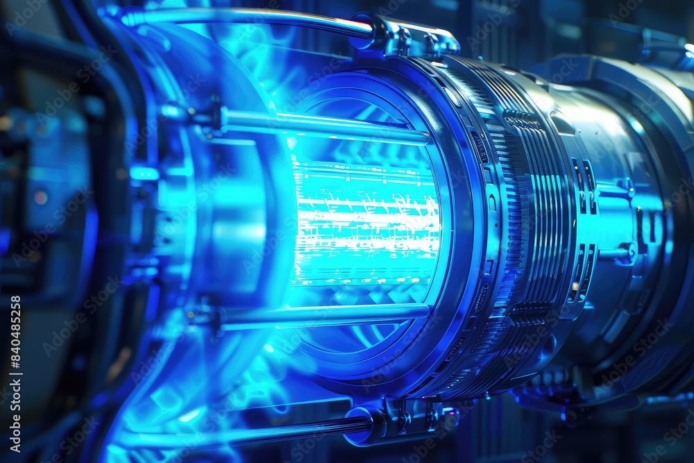 Advanced ion propulsion engine with glowing blue thruster. Futuristic ...