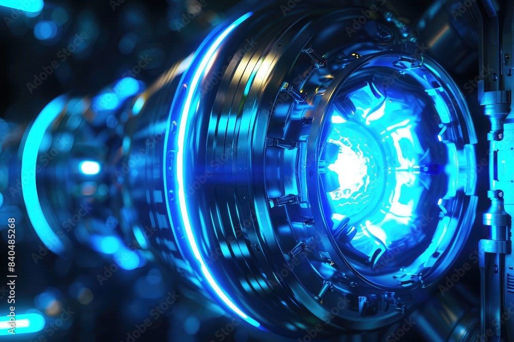 Advanced ion propulsion engine with glowing blue thruster. Futuristic ...