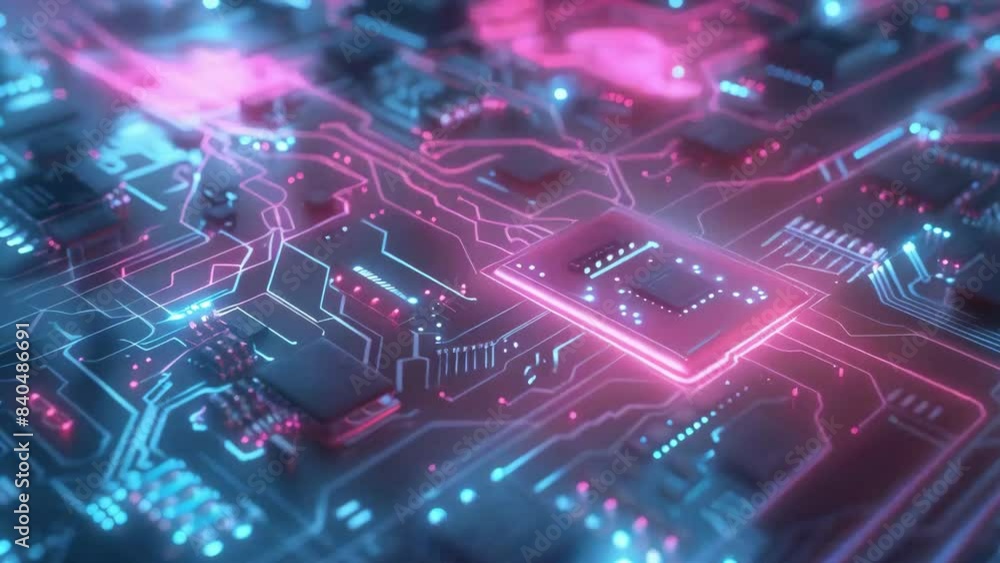 circuit board with energy flow and neon lights abstract technology ...