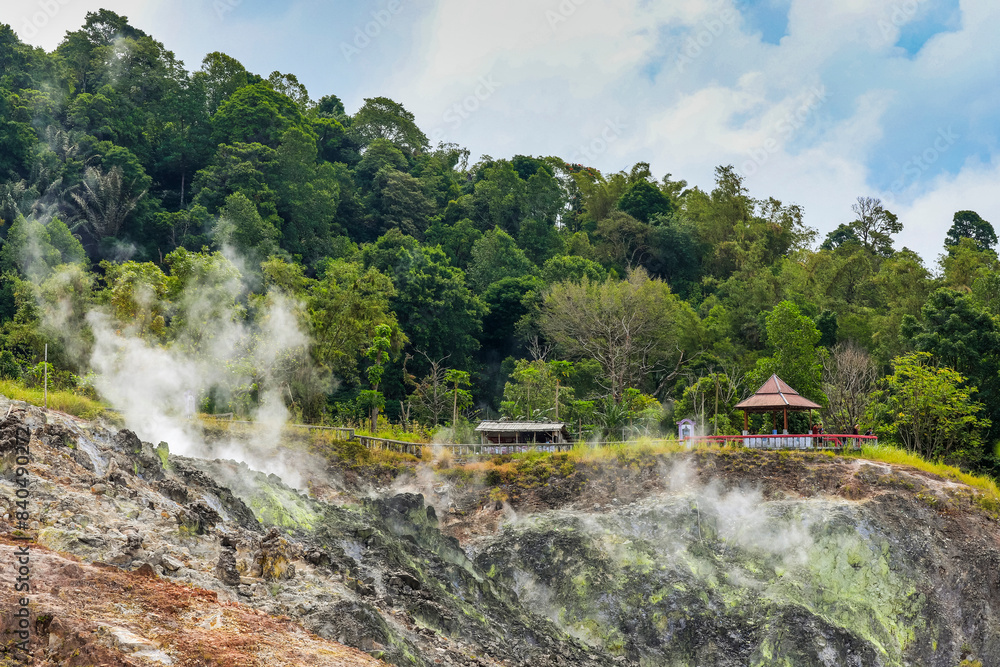 Steaming fumarole field at Bukit Kasih, a tourist volcanic park with a ...