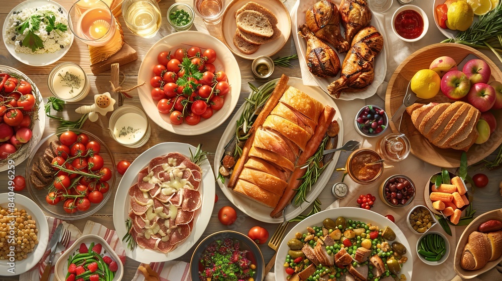 Full table of delicious Dinner party table European foods and drinks ...