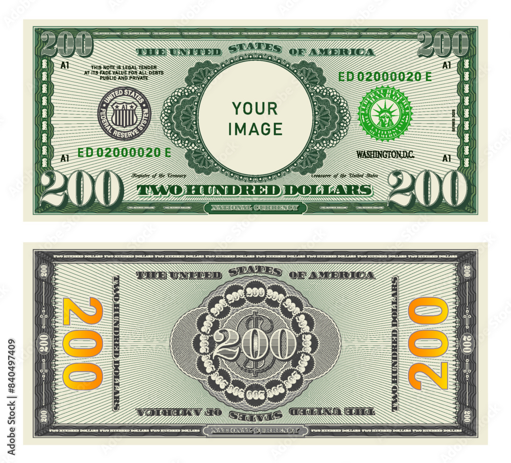 Vector highly detailed fictional beautiful 200 US dollar banknote ...