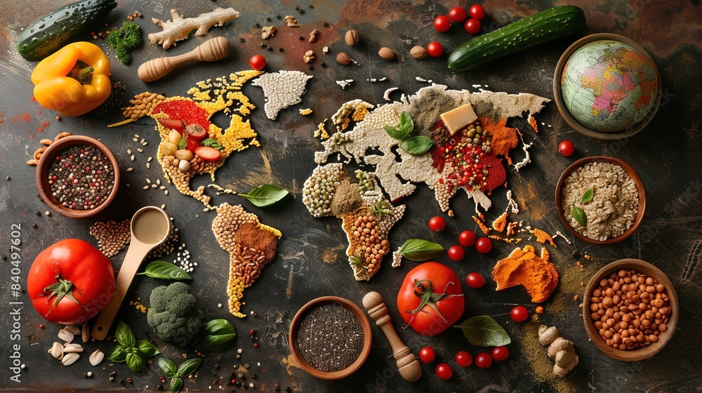 Diverse range of global cuisines. Top view of world map made of food ...