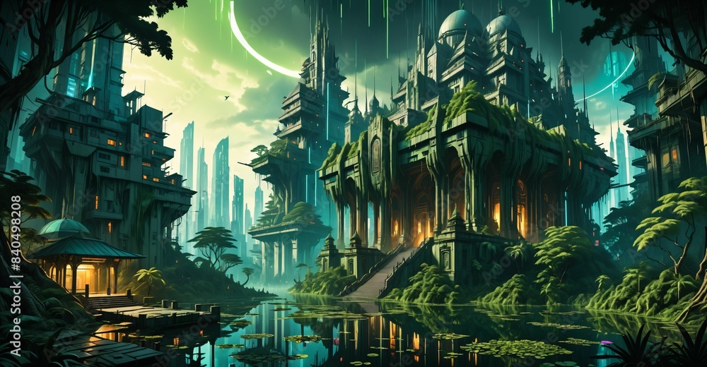 gothic baroque city monument building in forest island marsh wetland ...