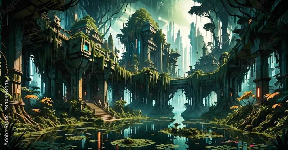 gothic baroque city monument building in forest island marsh wetland ...