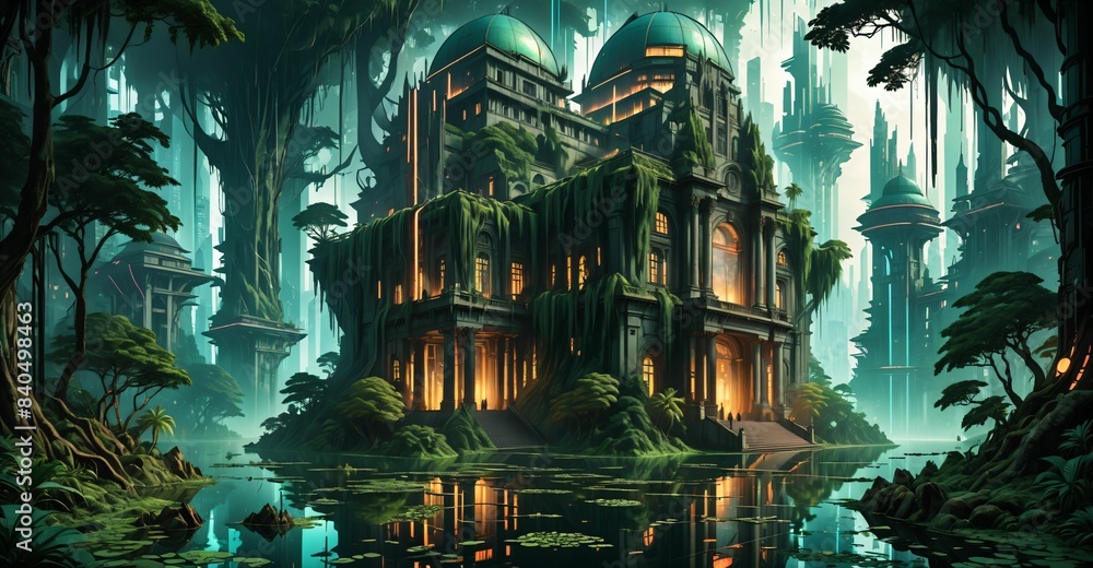 gothic baroque city monument building in forest island marsh wetland ...