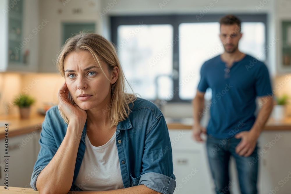 Portrait of sad woman sits at a table with her head on her hand, while ...