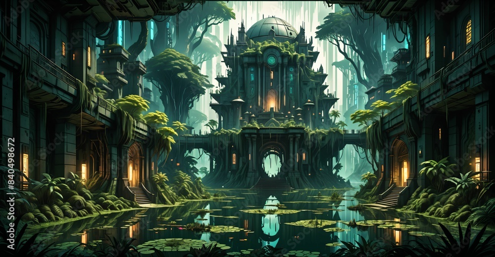 gothic baroque city monument building in forest island marsh wetland ...