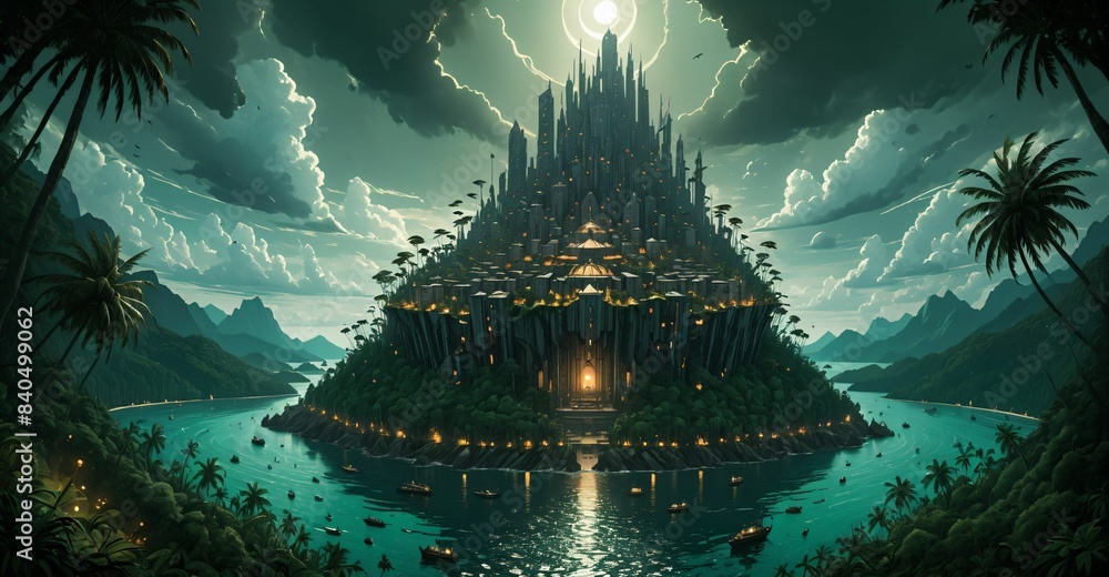 gothic cyberpunk city base island forest surrounded by ocean sea water ...