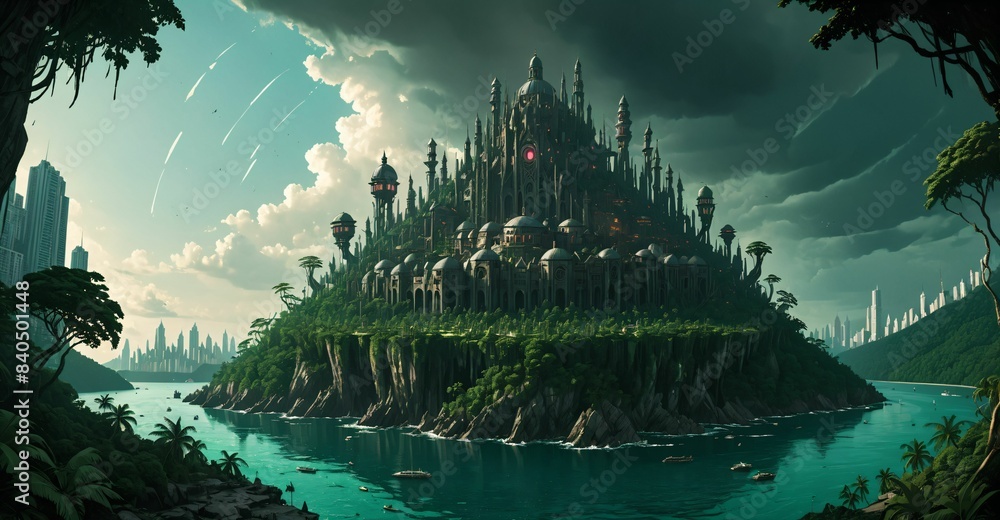 gothic cyberpunk city base island forest surrounded by ocean sea water ...