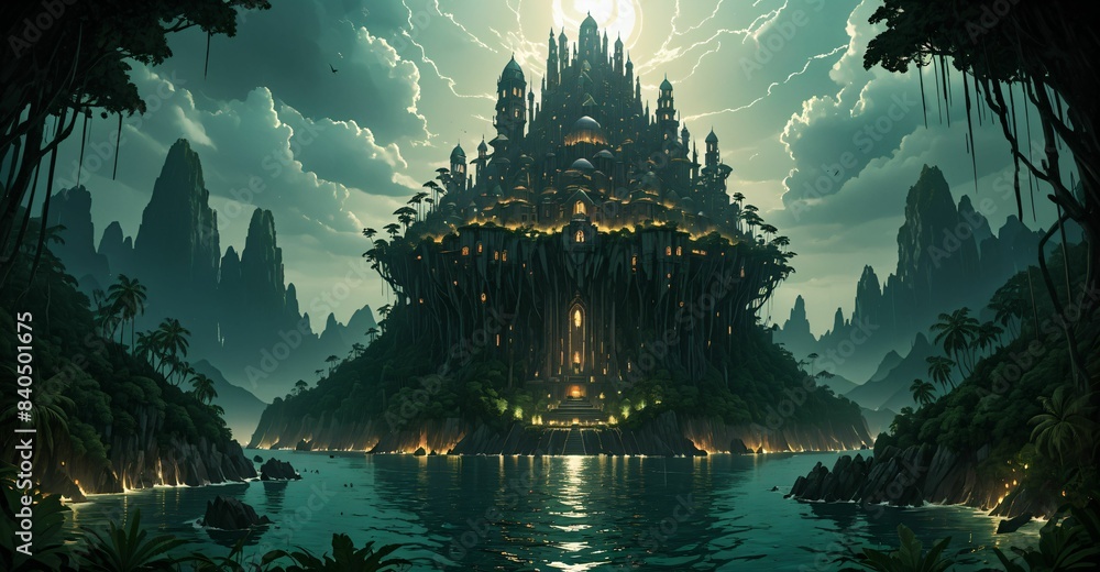 gothic cyberpunk city base island forest surrounded by ocean sea water ...