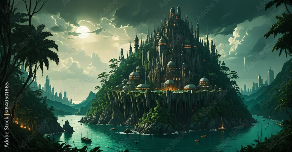 gothic cyberpunk city base island forest surrounded by ocean sea water ...