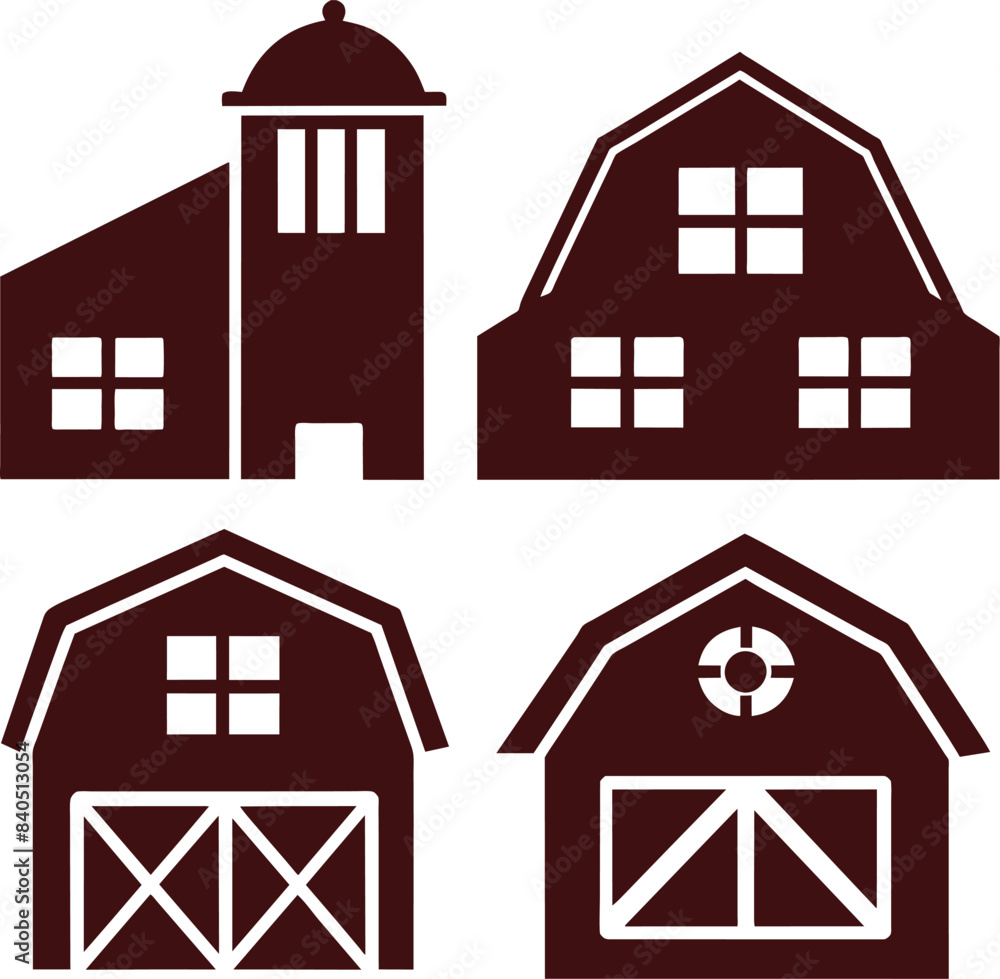 Vetor de Farm building vector illustration set. Cartoon flat front view ...