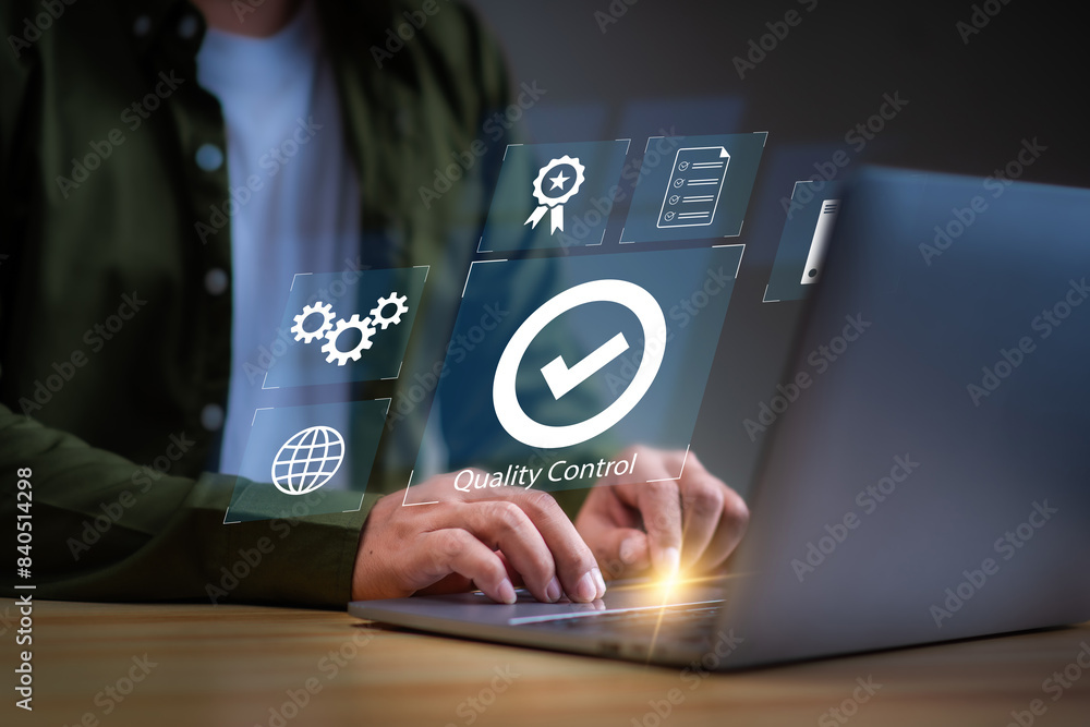 Product Quality control concept, Mnn using laptop with check mark ...