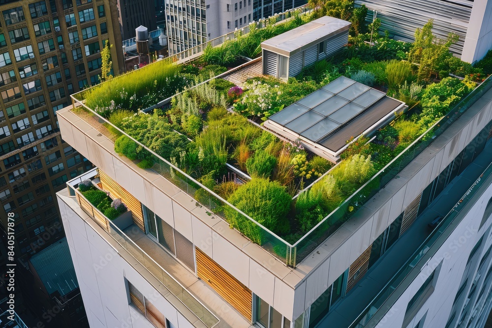 Eco-friendly rooftop garden in city. Carbon reduction and sustainable ...