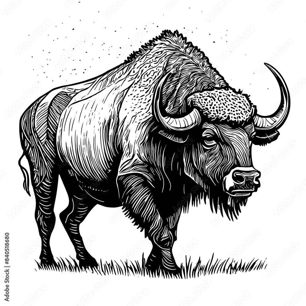 buffalo in woodcut style, side view, full figure, isolated, black and ...