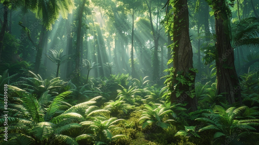 Prehistoric Forest with Dinosaurs Roaming Among Ancient Ferns and ...