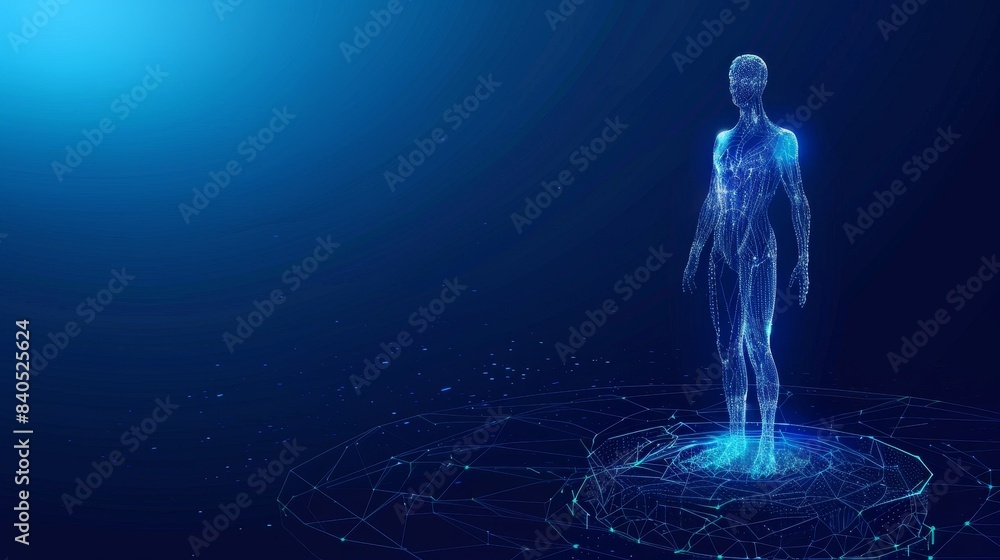A polygonal wireframe and transparent human body showing the anatomy of ...