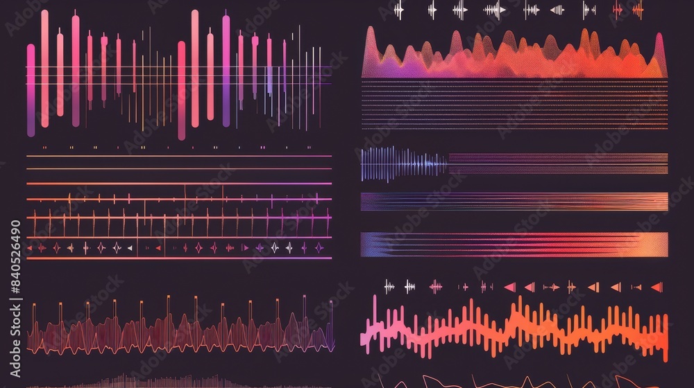 Colorful set of sound waves equalizers. Futuristic set in a HUD style ...