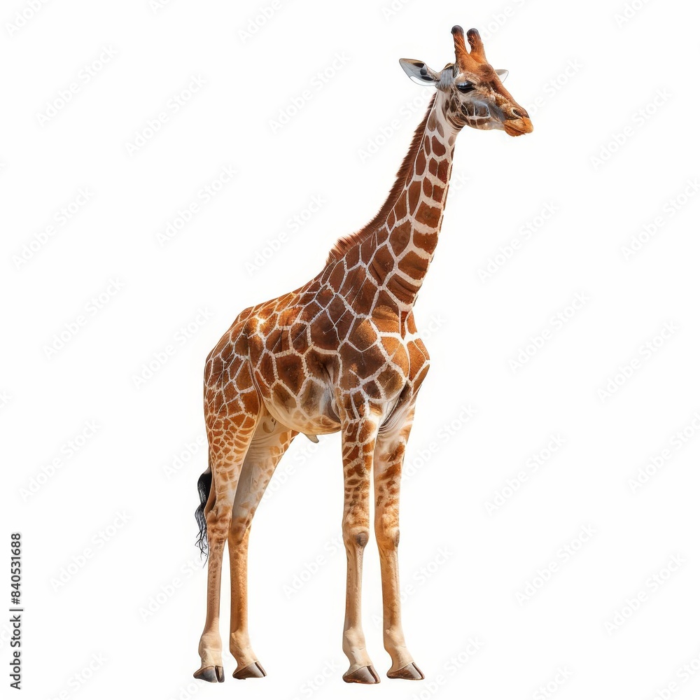 Giraffe standing tall against a white background. African wildlife and ...