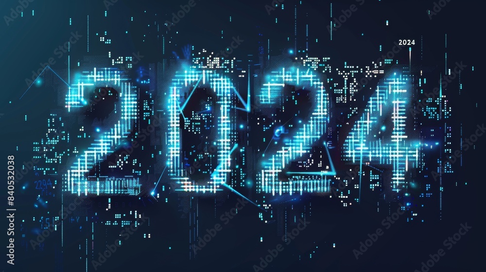 A 2024 digit Christmas tree with glowing pixels on a blue background. A ...